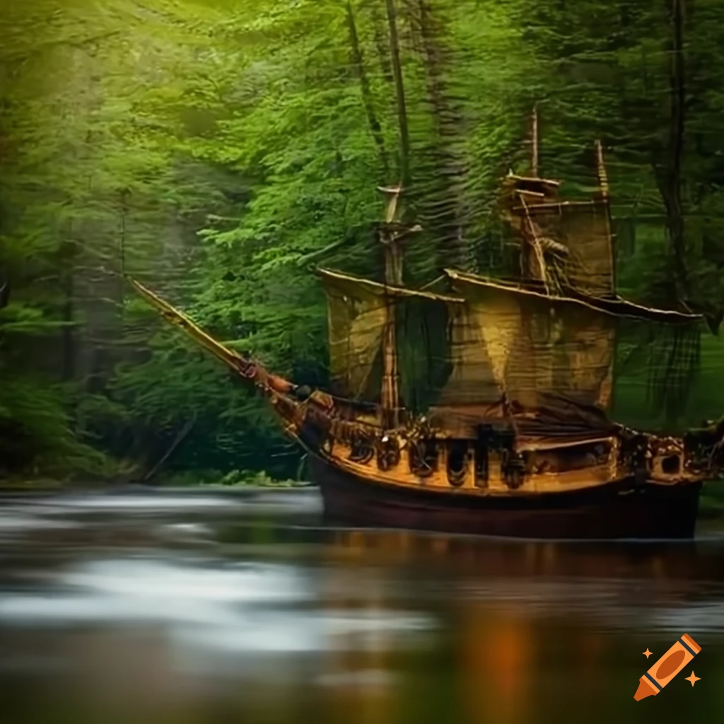 Pirate ship sailing down a river through a forest on Craiyon