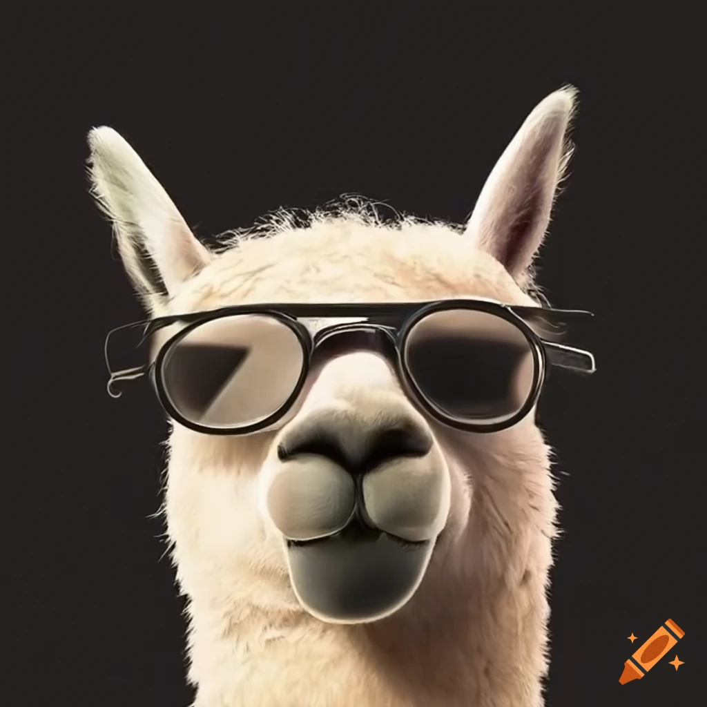 A philosophical thinking llama with glasses and a mustache