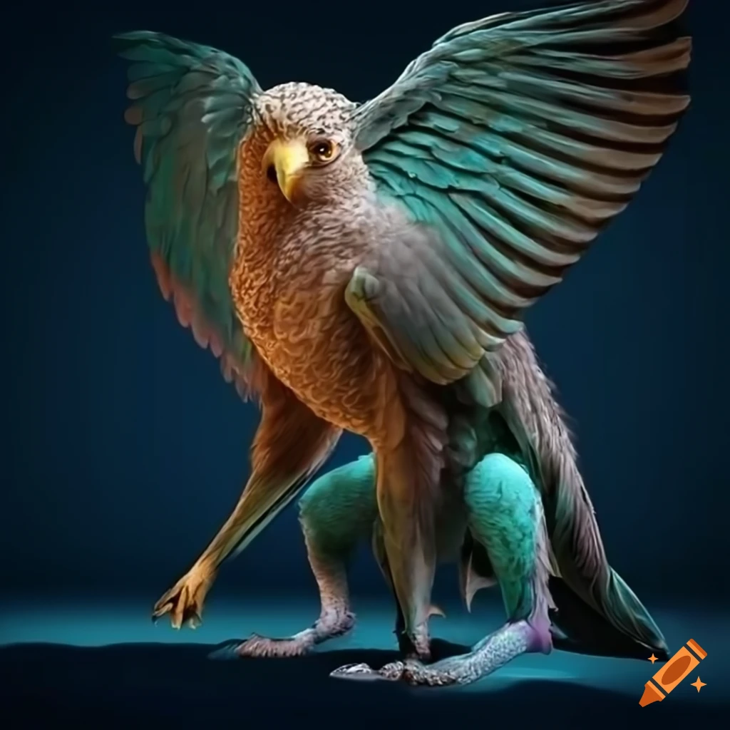 A whimsical hybrid forest griffin-like creature with a mixture of features of both parrots and ...