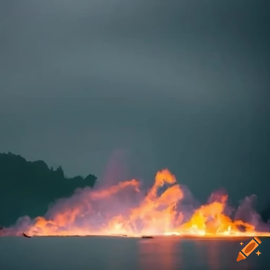 Floating fire over a lake against a dark sky