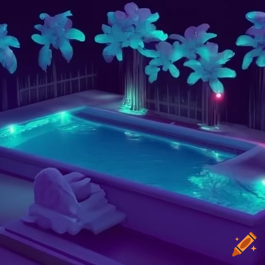 Moonlit indoor pool, neon palm trees, glowing cherry blossoms in the ...