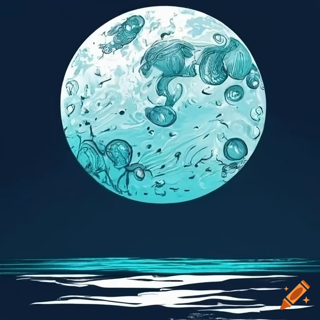 Fancy, ocean and moon, in black and white on Craiyon