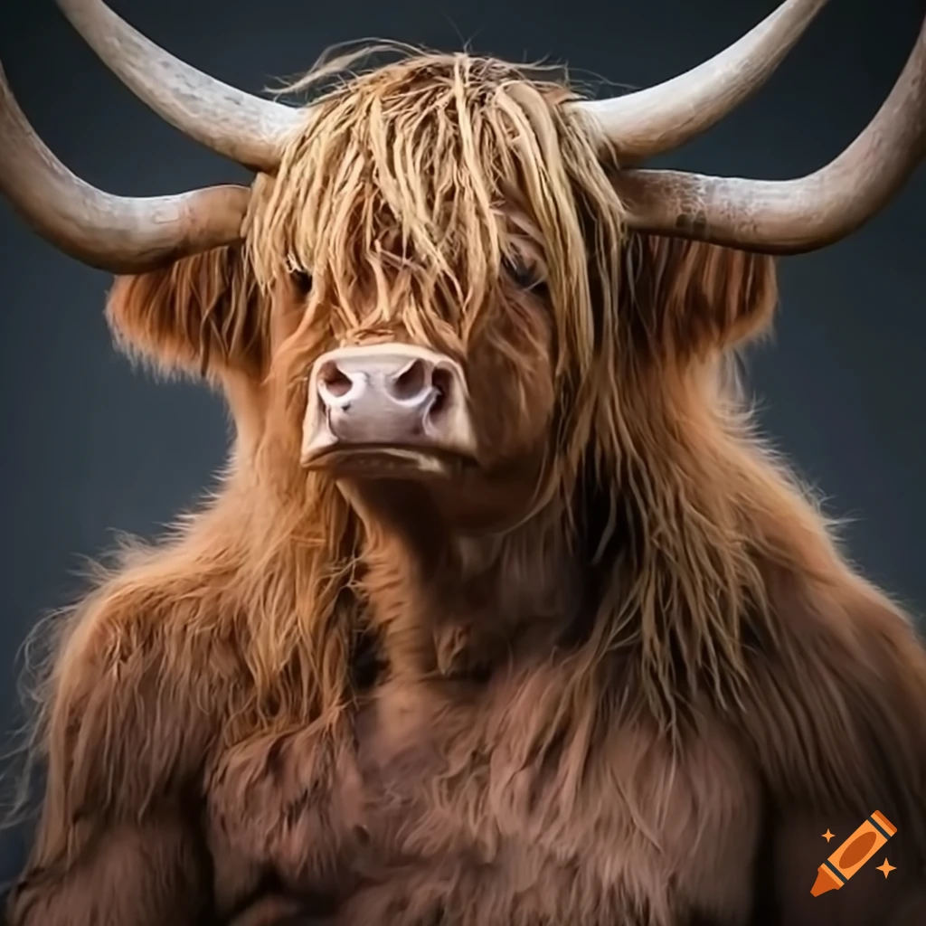 A shy minotaur with features like highland cattle, wearing a kilt on ...