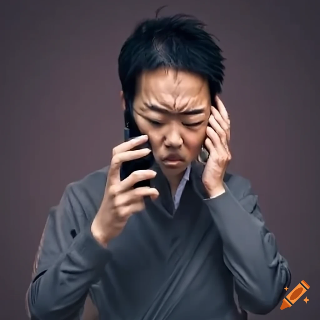 A tired japanese man taking a angry cellphone call on Craiyon