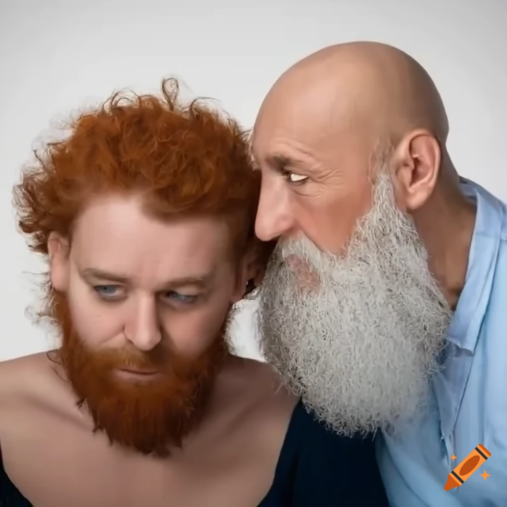 A bald man long grey beard talking with red-haired woman