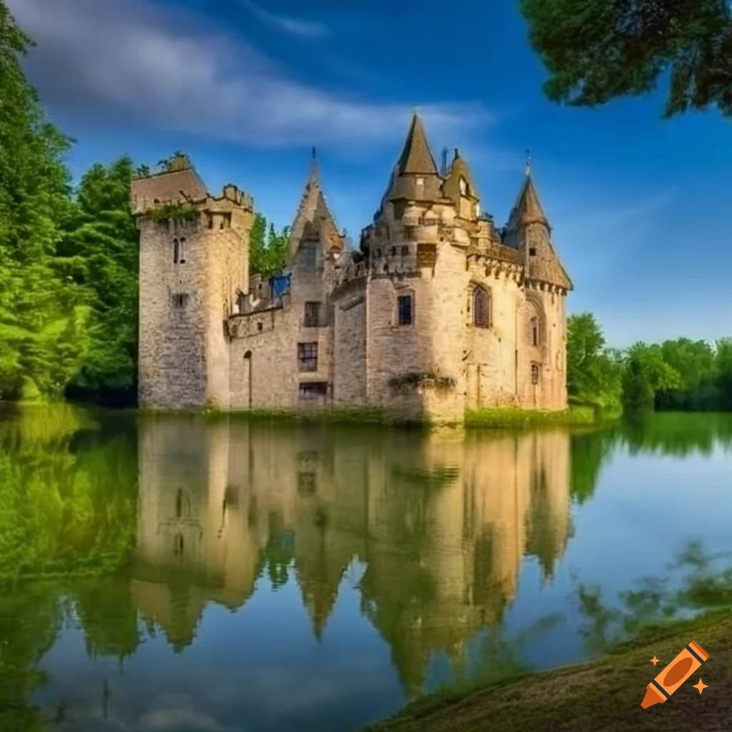 A majestic castle nestled in a serene and mystical landscape with a small moat with bridge and ...