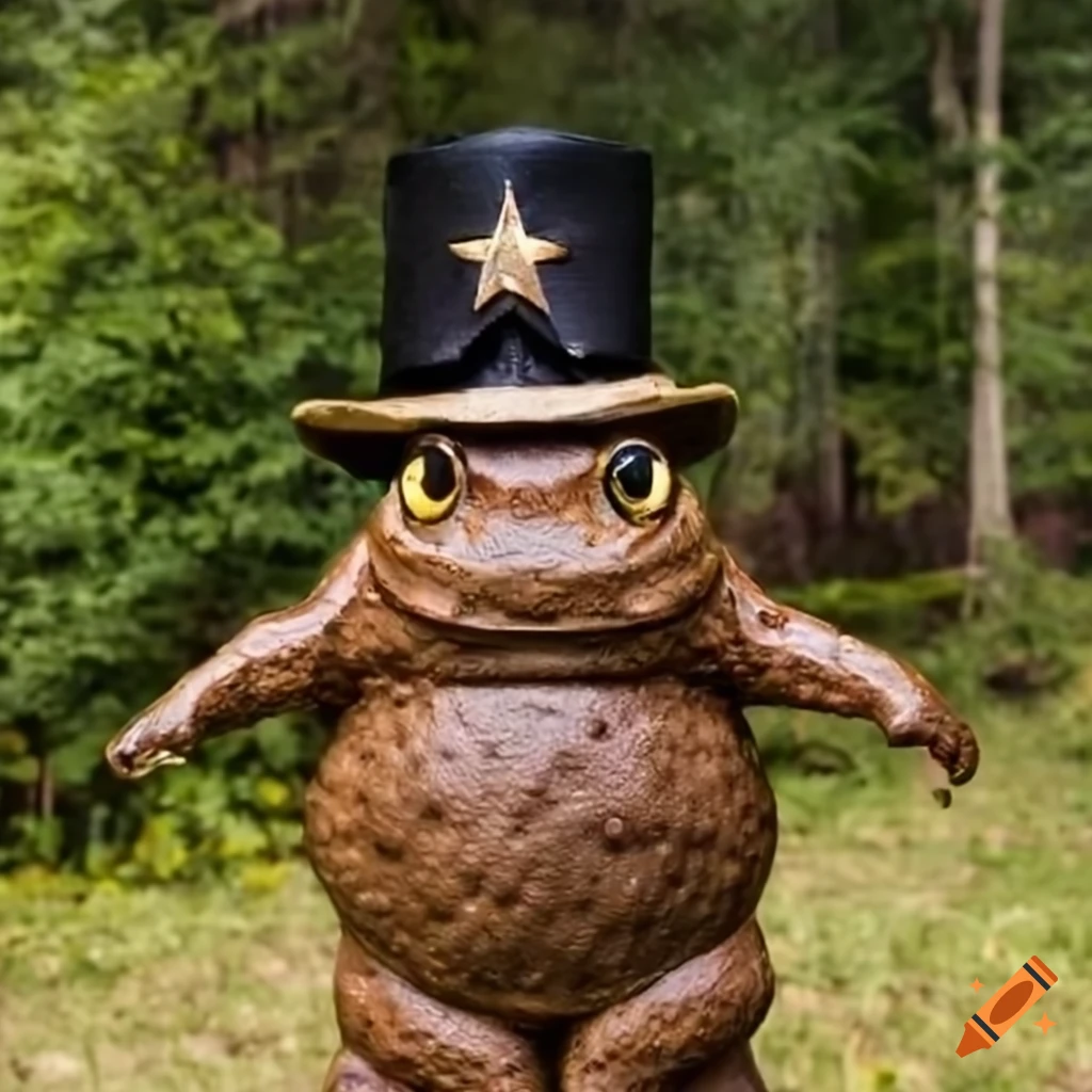 BIG human-sized brown toad sheriff standing on two legs wearing a small ...