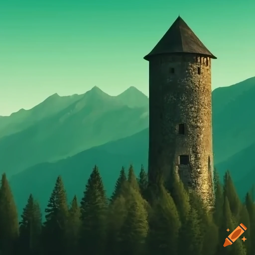 A medieval tower, tall mountains in the background, green tones
