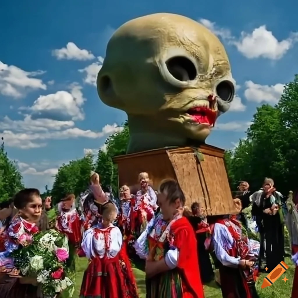 A funeral ceremony of the alien with big head sunny day mountains ...