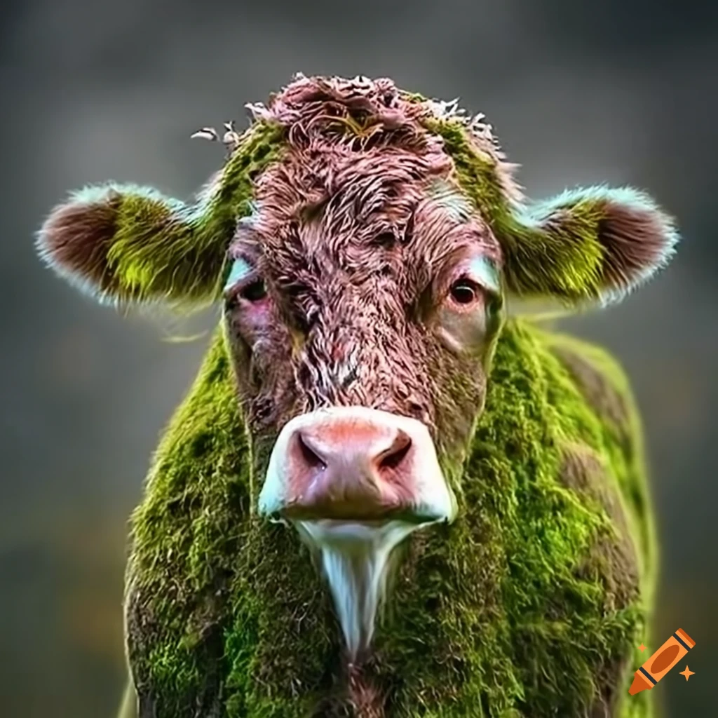 Realistic cow covered in moss
