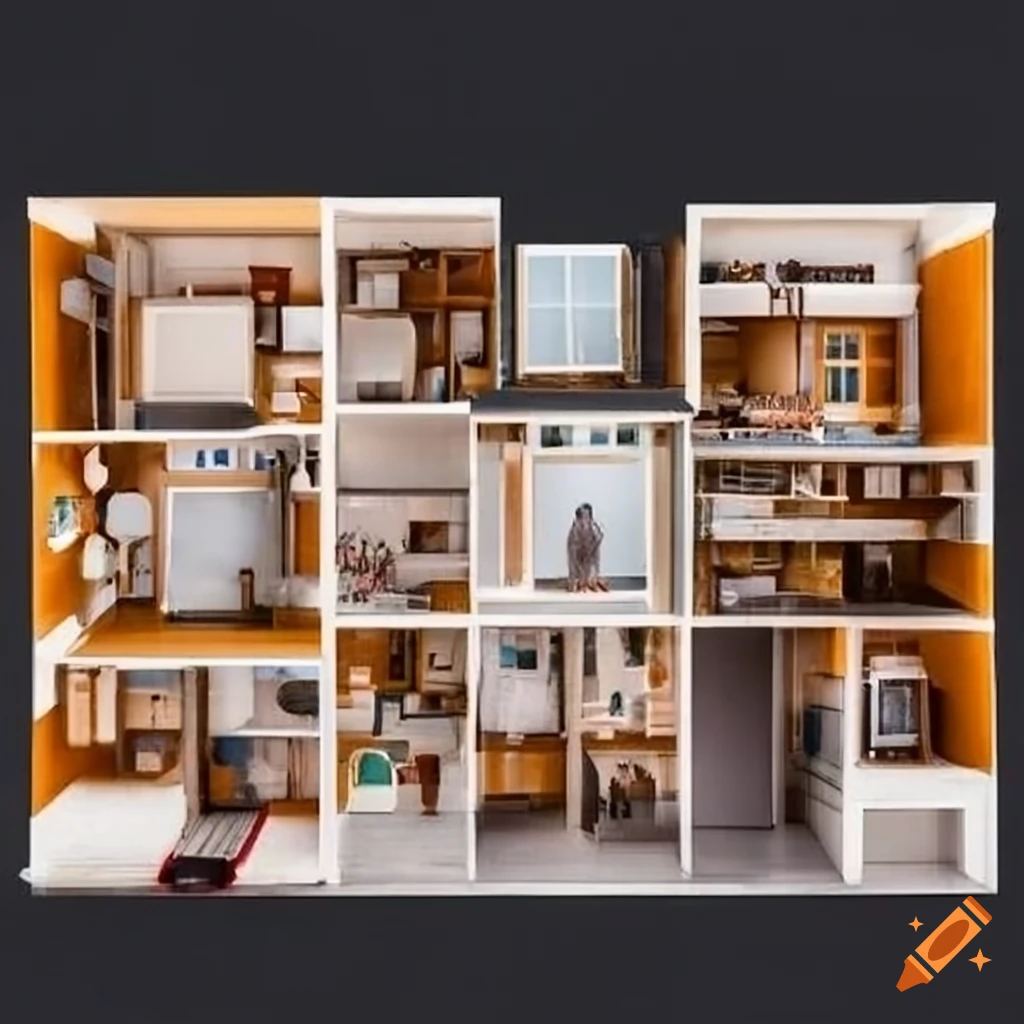 Cross-section of a house with many rooms from the front on Craiyon