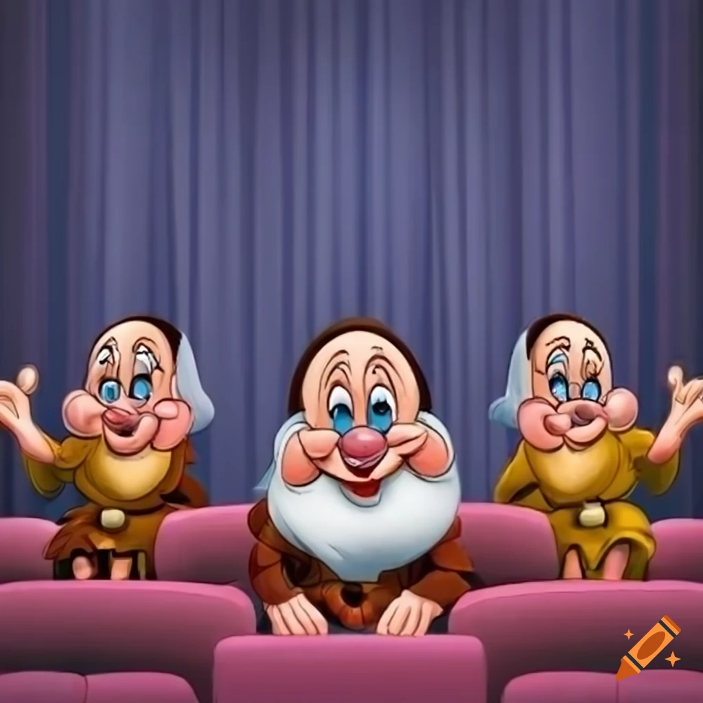 Cartoon image of four dwarfs sitting in the cinema