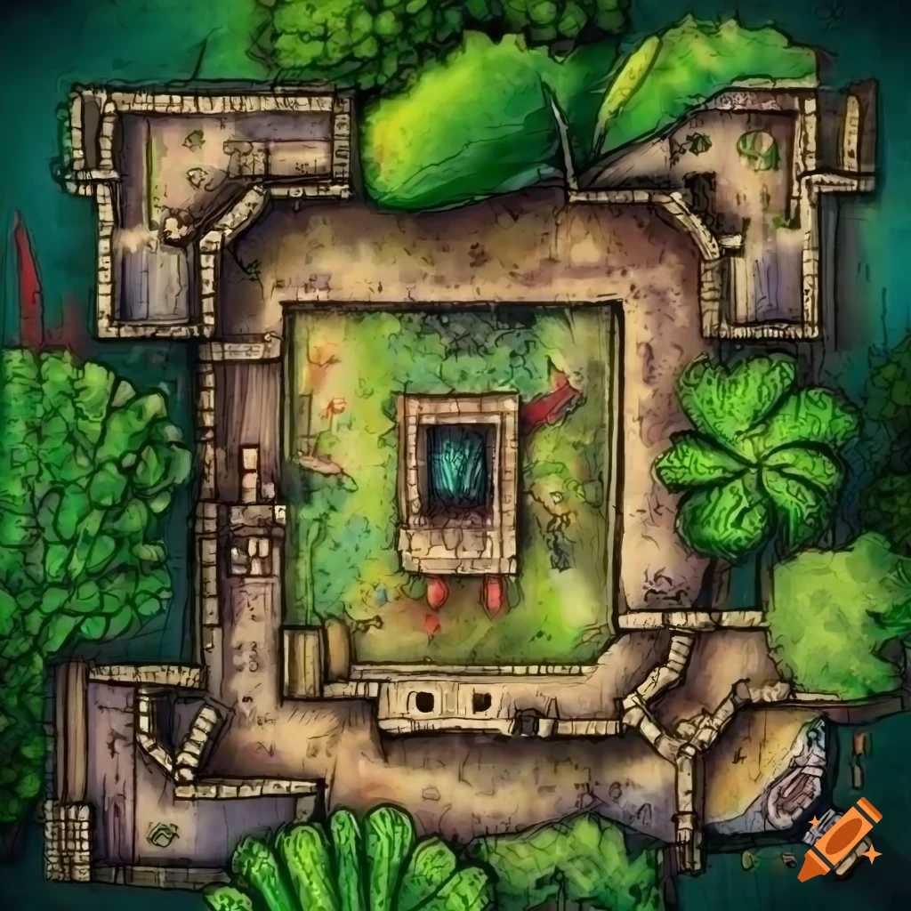 Tactical rpg battlemap featuring a lush jungle with temple ruins seen ...