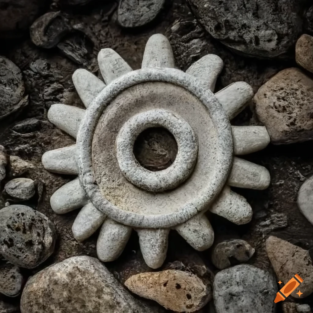 6 stone gear icon made of stone on a stone background