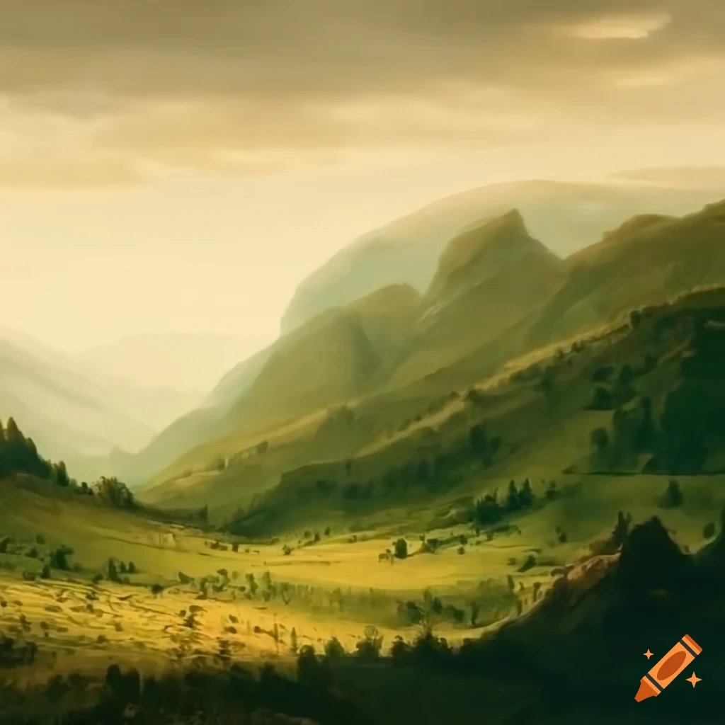 Panorama view of a hilly landscape with montains and woods