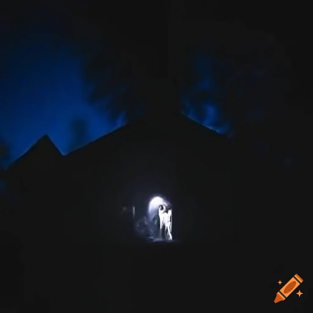 Tiny, sad angel inside a barn with cows at night, moonlight on Craiyon