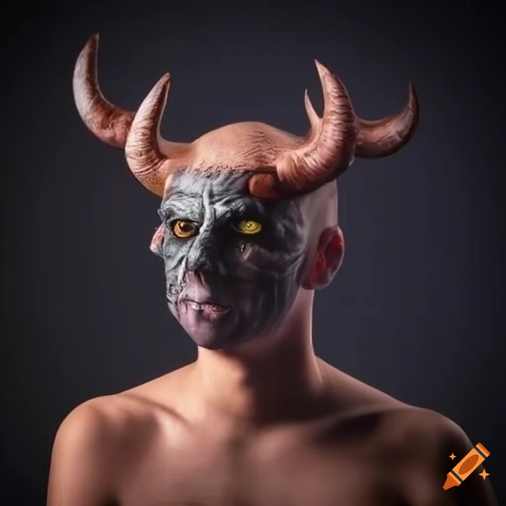 Demi-demon with cut horns dressed as monk and a owl mask on Craiyon