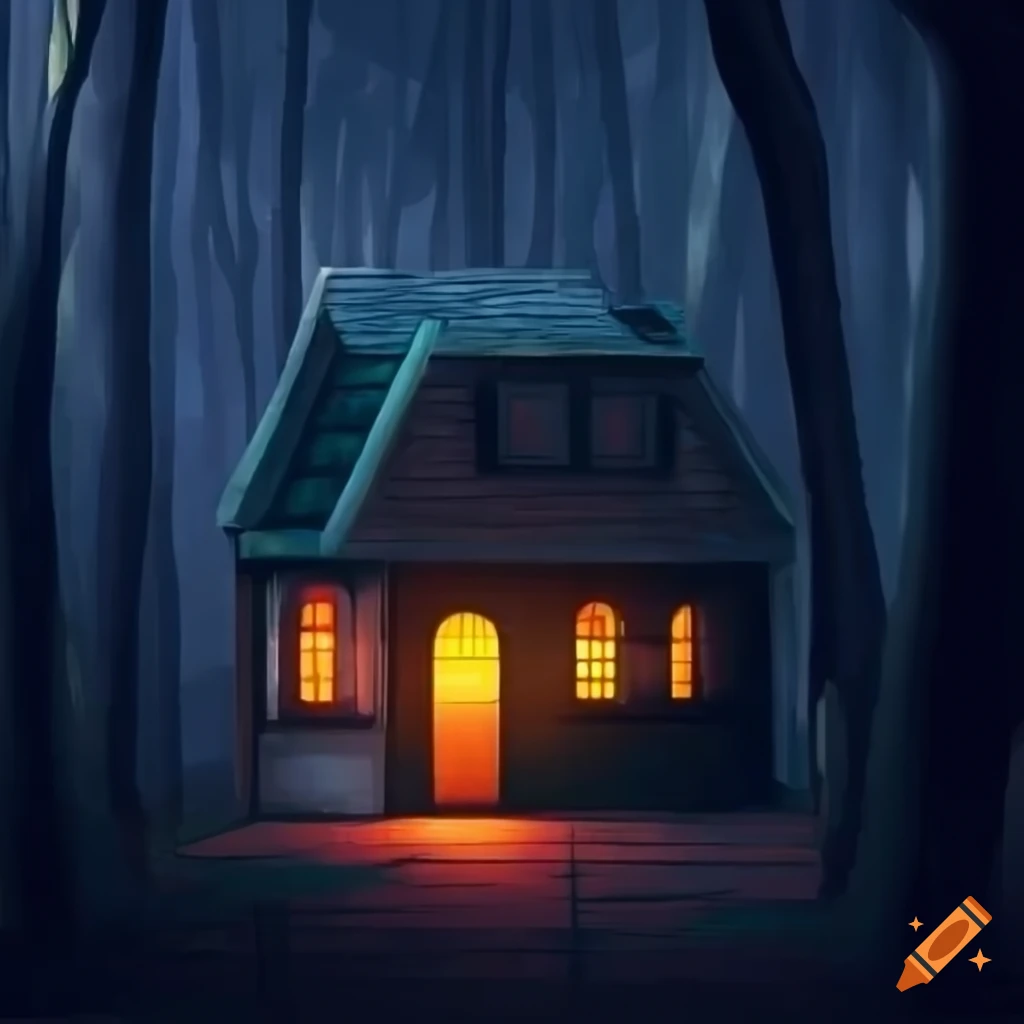 Little house with lights in the windows, in the forest at night