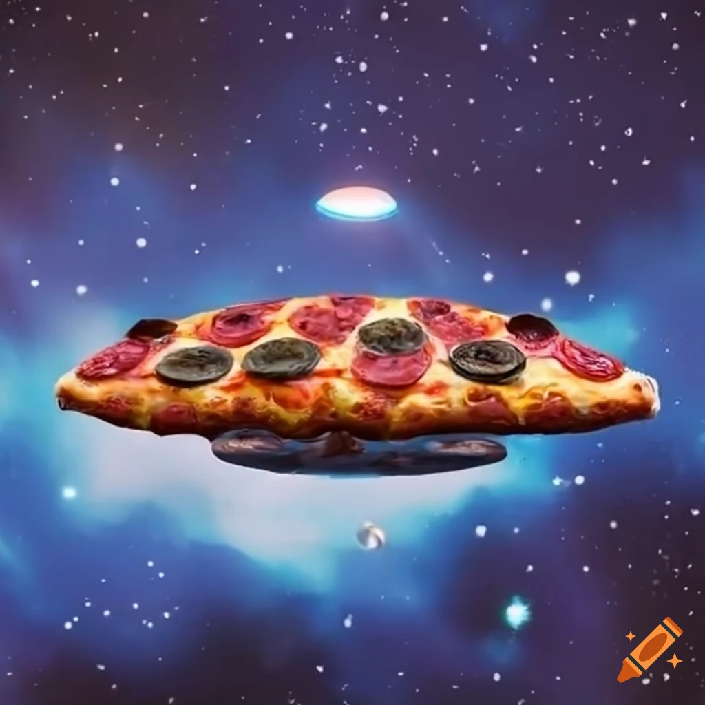 A delicious pizza ufo floating in outer space on Craiyon