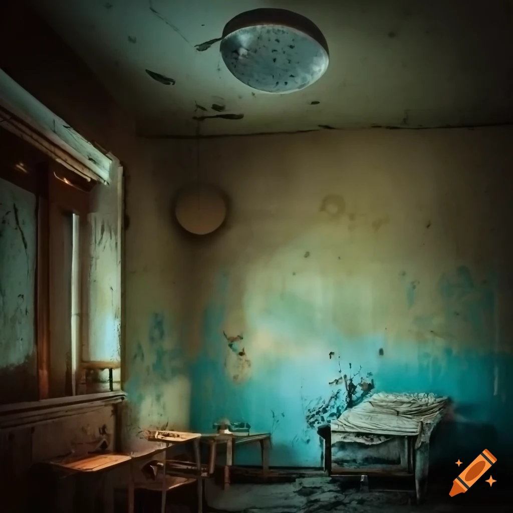 An old hospital room with worn walls and a lamp hanging from the ...