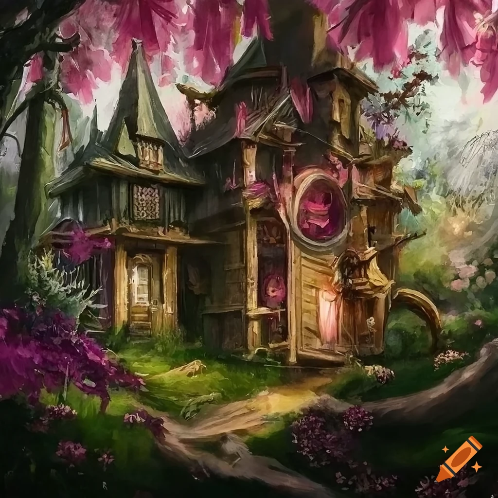 A pink spring magic treehouse, baroque epic fantasy art by greg rutkowski