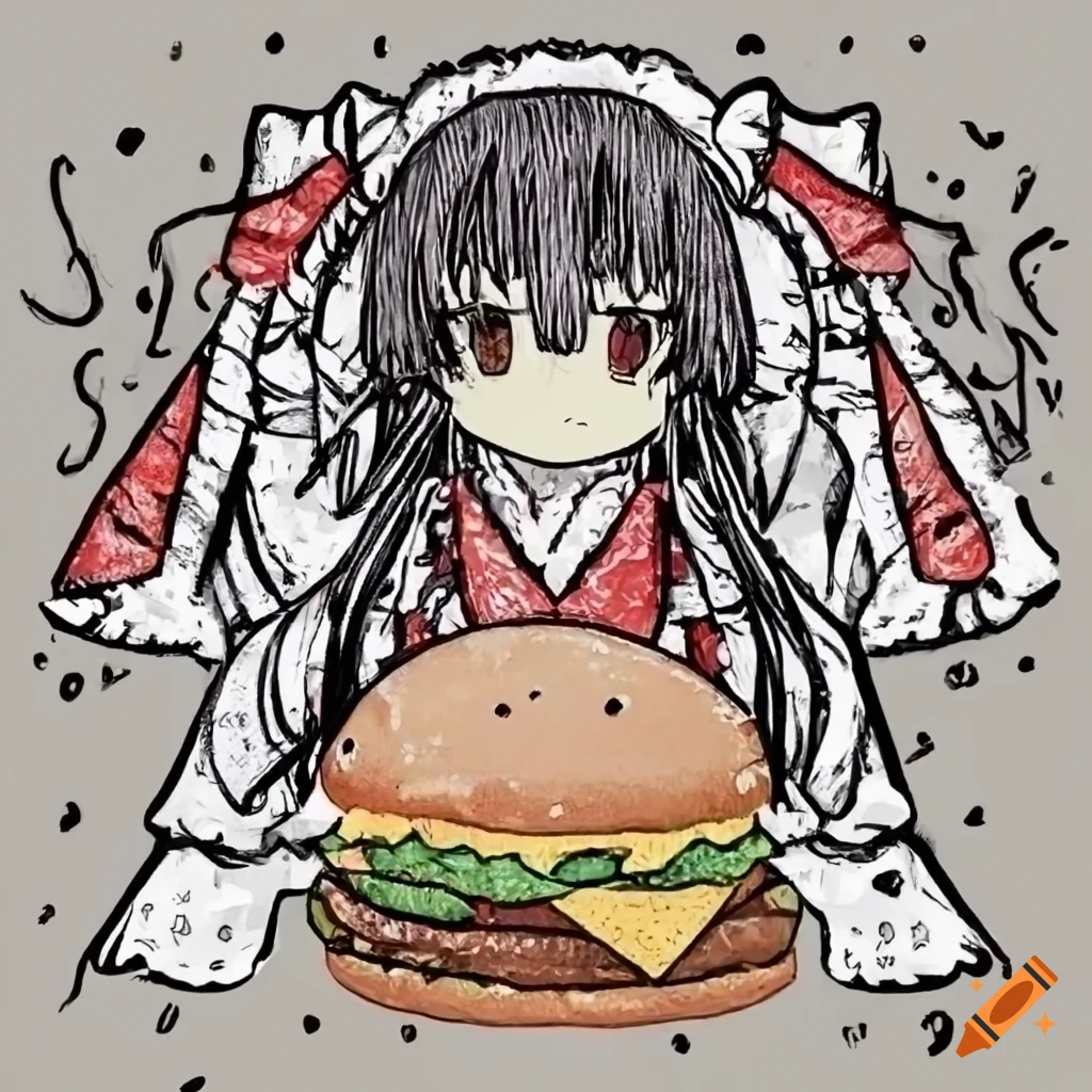 Reimu hakurei eating a big burger