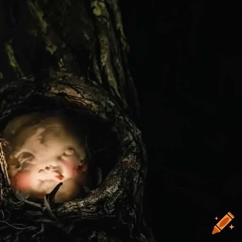 Cherub in a bird nest on a tree branch in forest at night in moonlight