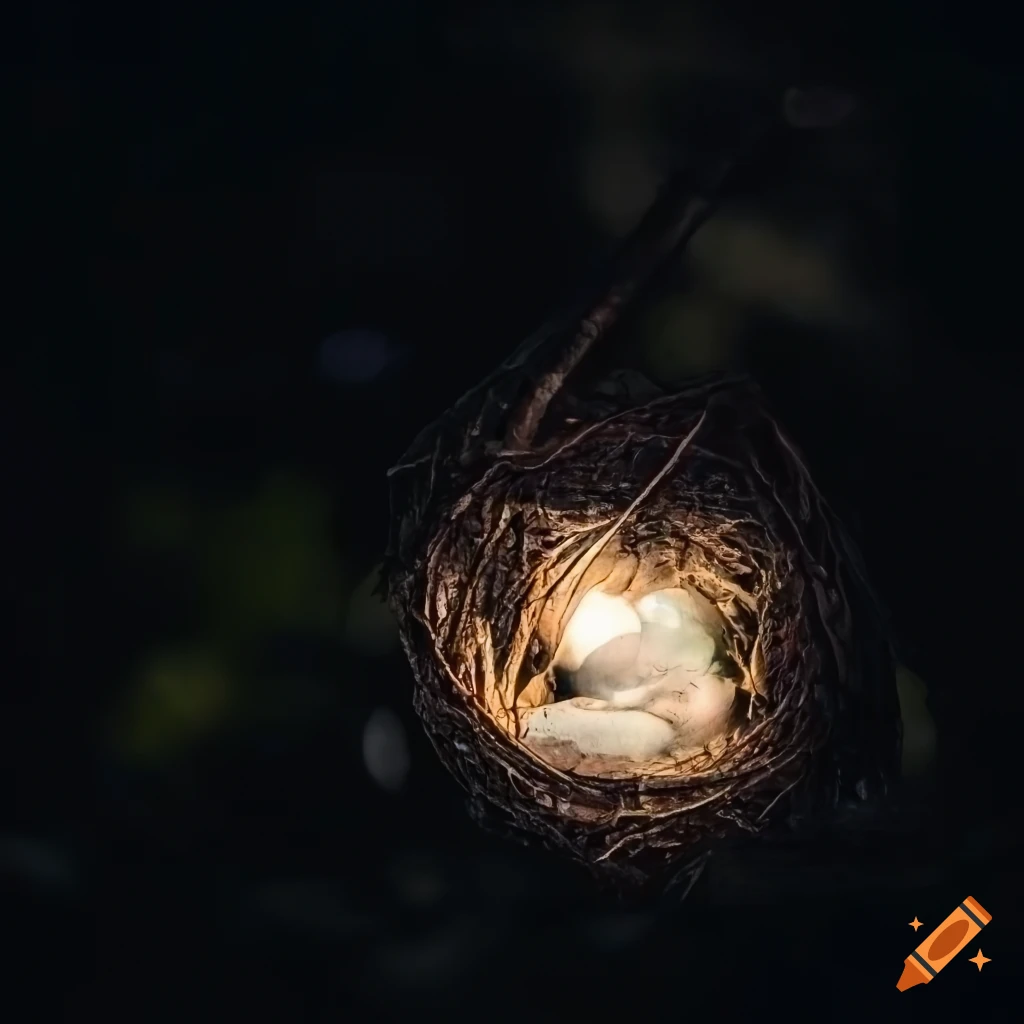 Cherub in a bird nest on a tree branch in forest at night in moonlight