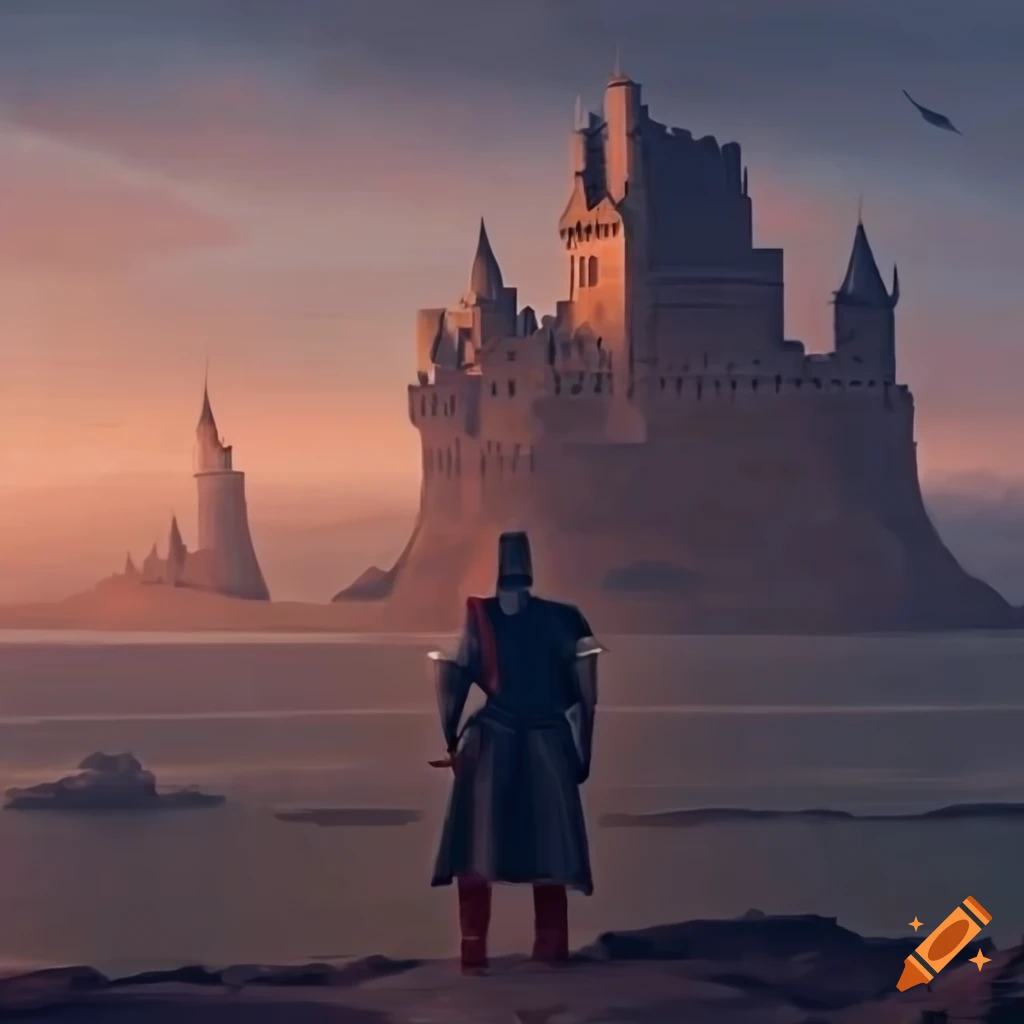 A medieval knight looking at a set of castles in the horizon