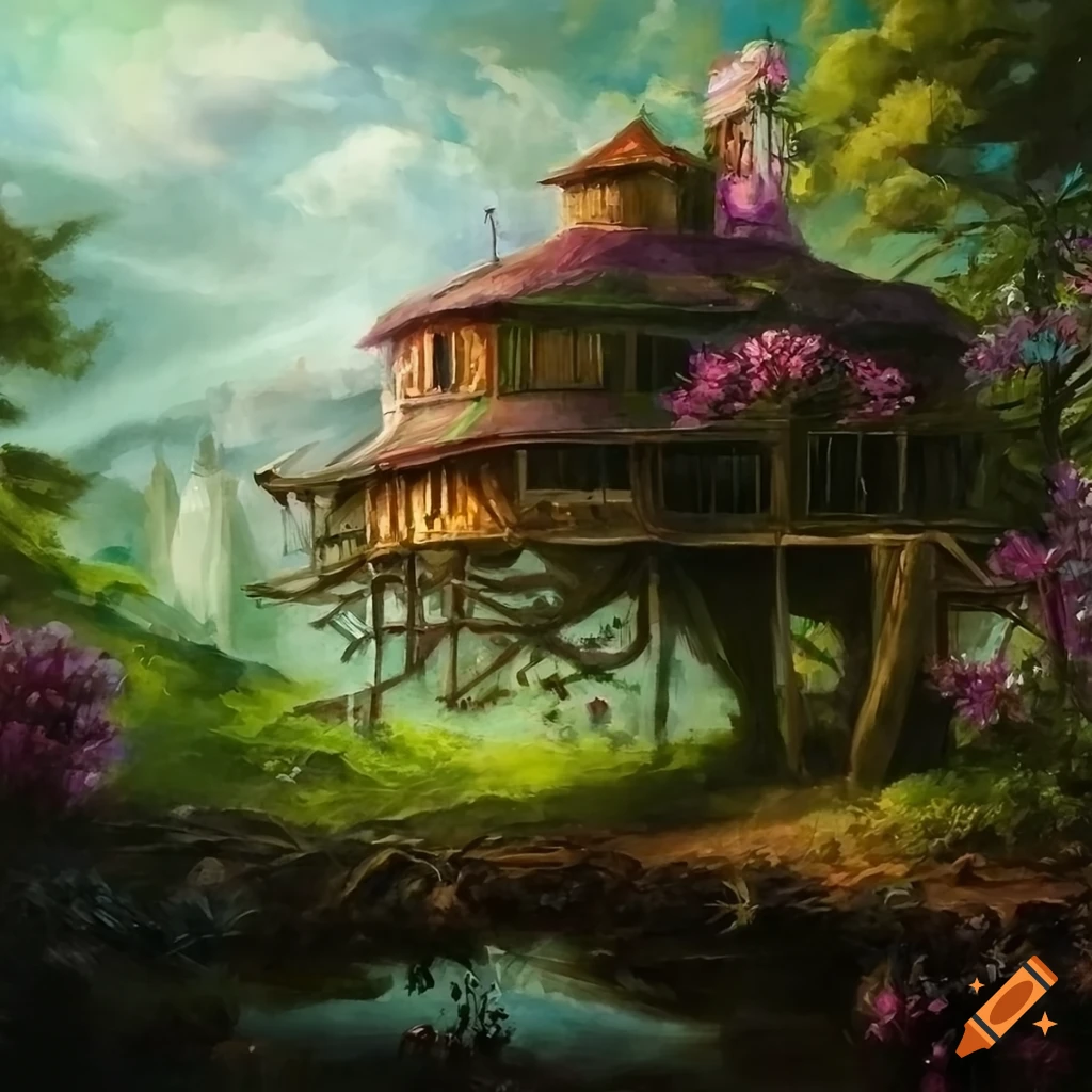 A pink spring magic treehouse, baroque epic fantasy art by greg rutkowski