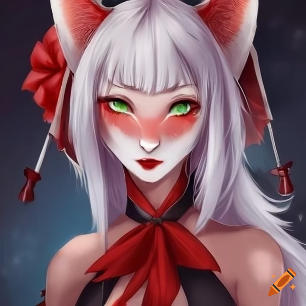 A beautiful kitsune witch with striking green eyes and red, white, and ...