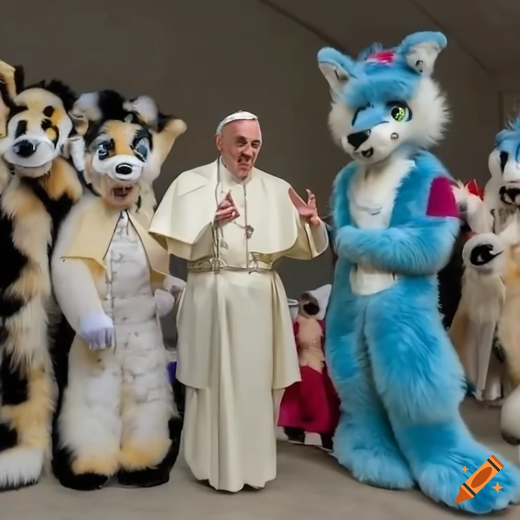 Pope francis at a furry convention standing in front of a group of ...