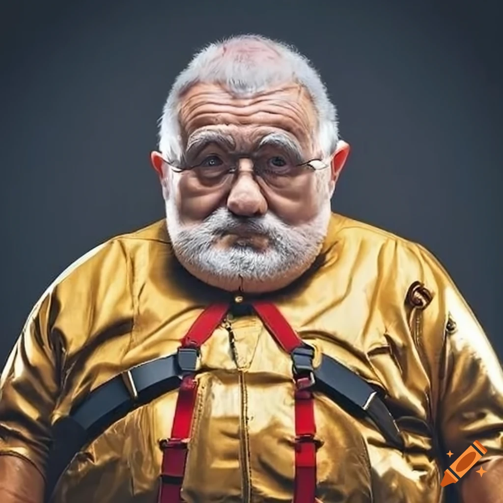 Big fat old man in golden waders red harness in southpark style on Craiyon