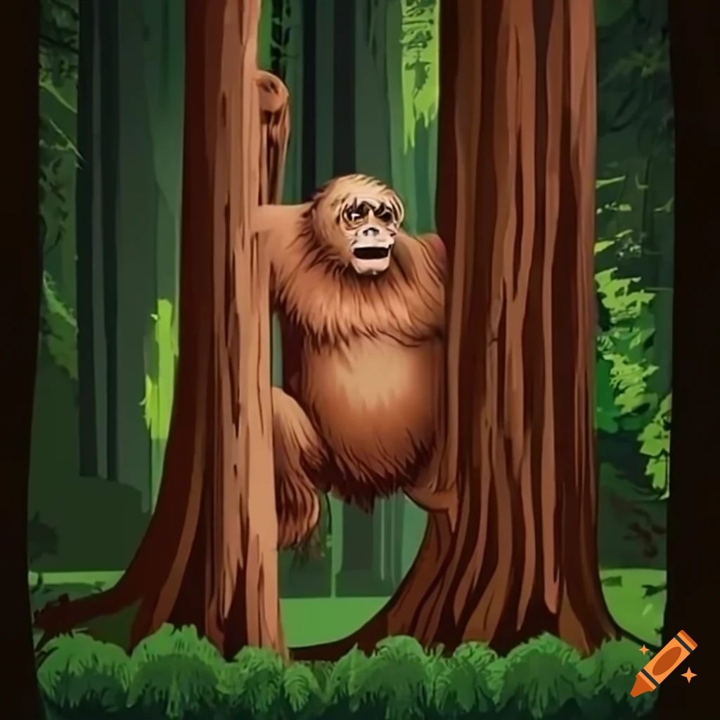 A picture of Bigfoot swinging from a branch on a redwood tree on Craiyon
