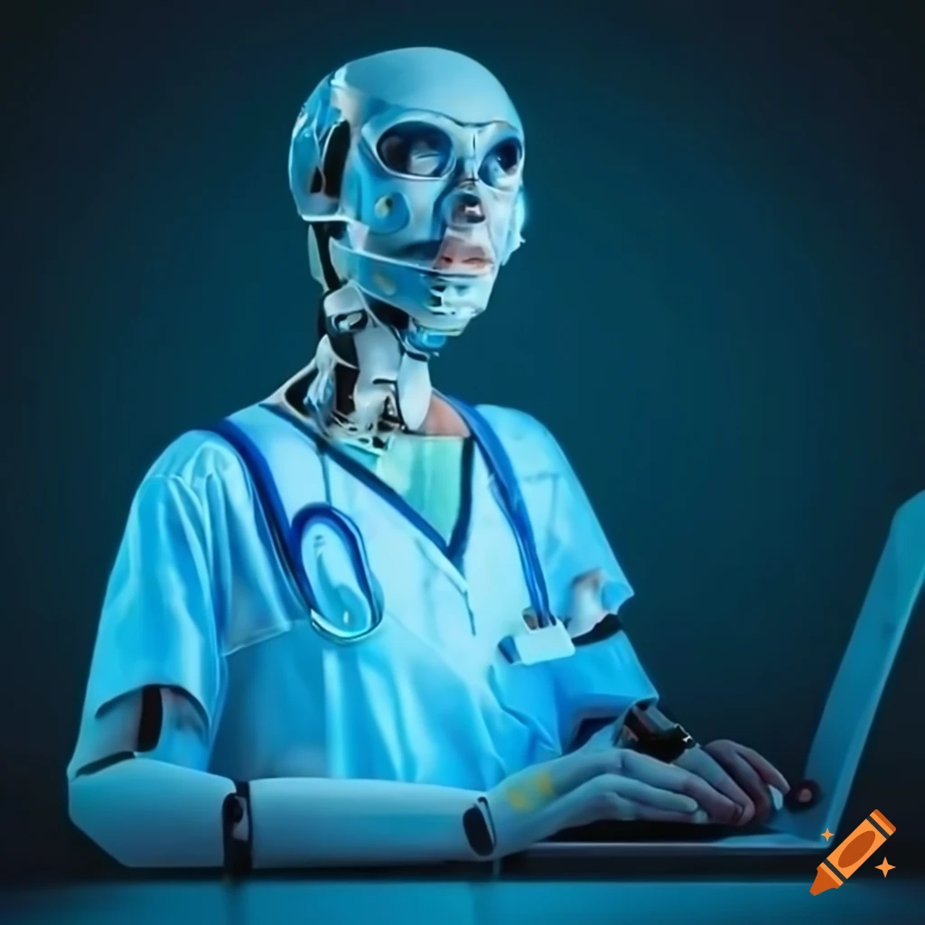 Half person half robot dressed in scrubs typing on a computer in a ...