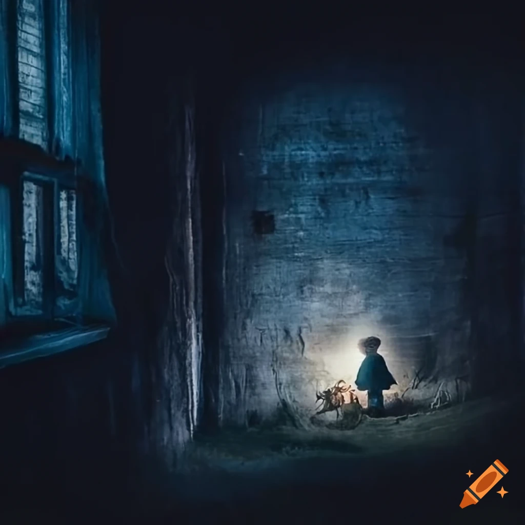 Tiny, sad angel inside a barn with cows at night, moonlight