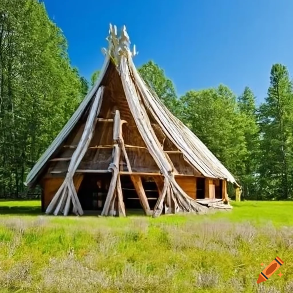 Nordic iron age house, with walls and pillars made of white braids and ...