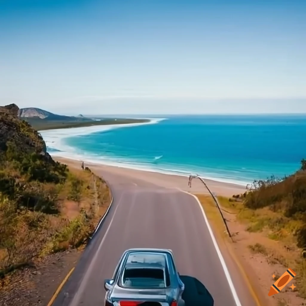 A car on a road trip on a beach behind a magnificent panorama