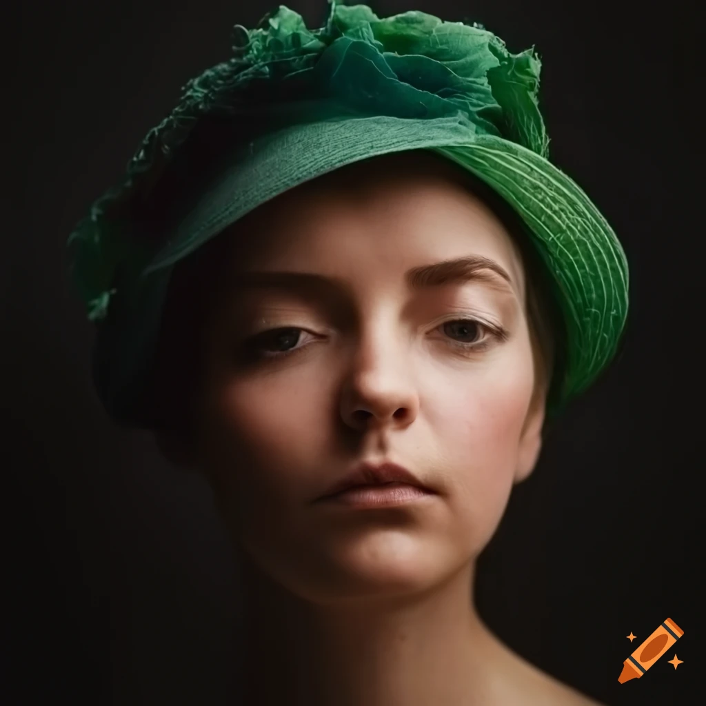 Front-facing-portrait woman-age-25 wears small-cabbage-hat on Craiyon