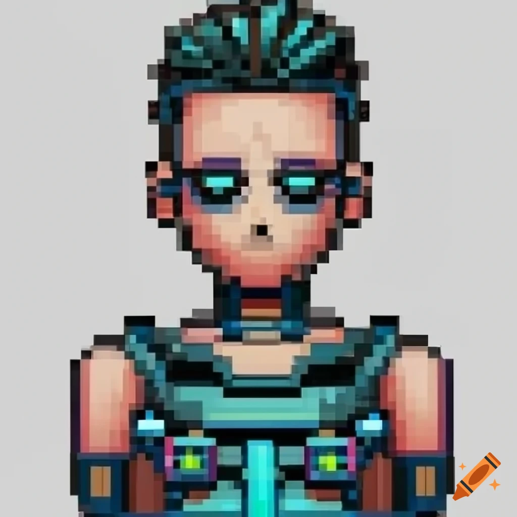 Pixel cyborg boy portrait image on white background on Craiyon