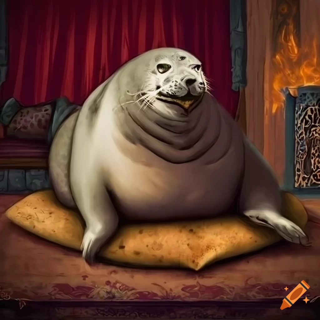 A fat gluttonous leopard seal lounging on a cushioned dais smoking a ...