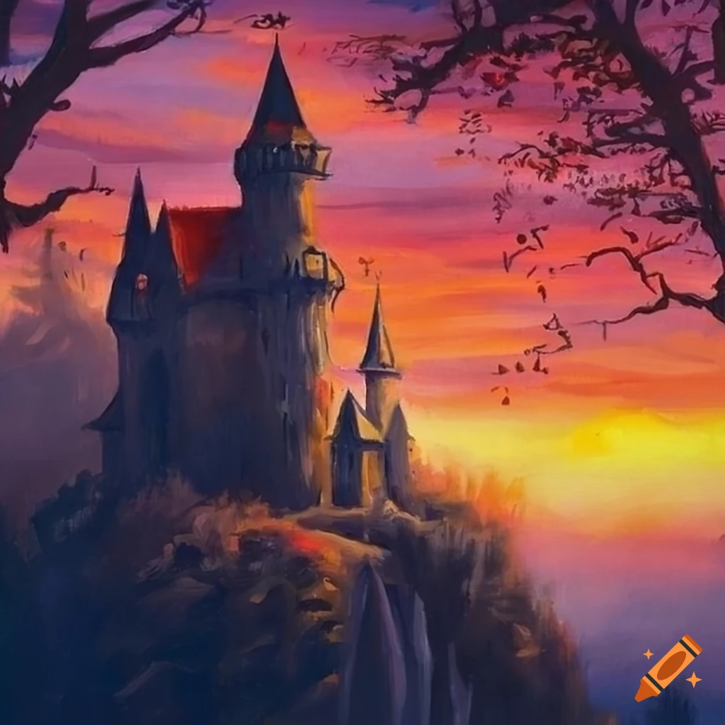 Painting of a sunset view of a detailed castle amidst trees