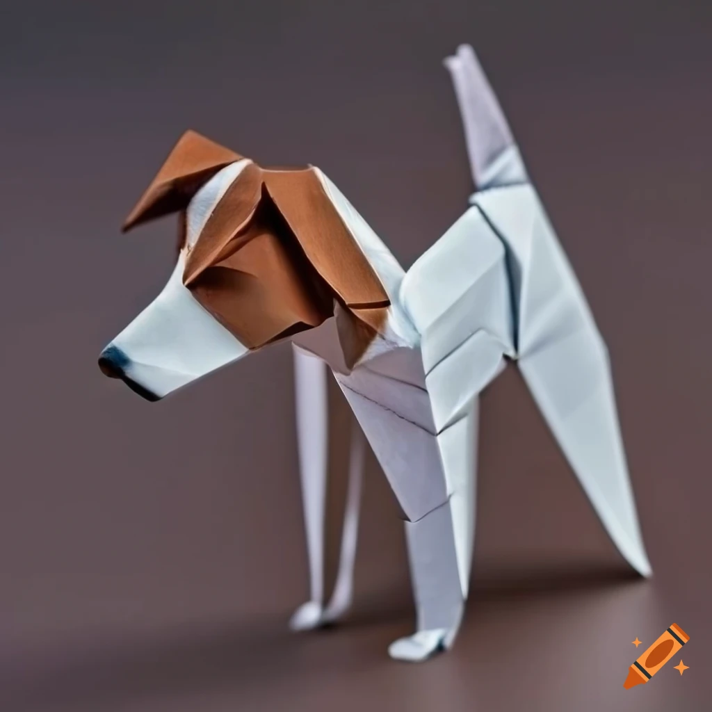 Origami sculpture of a jack russell terrier with a white body and some ...