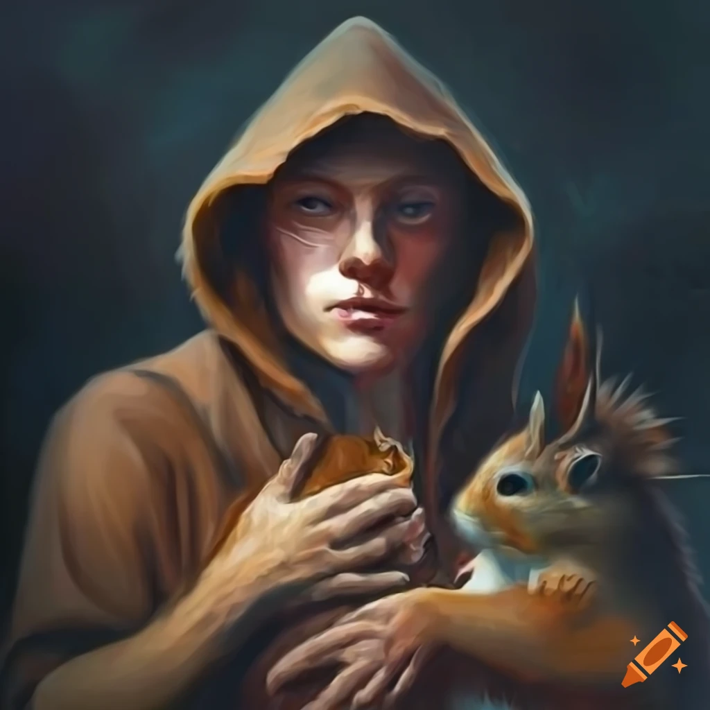 Hooded figure with squirrels dark background