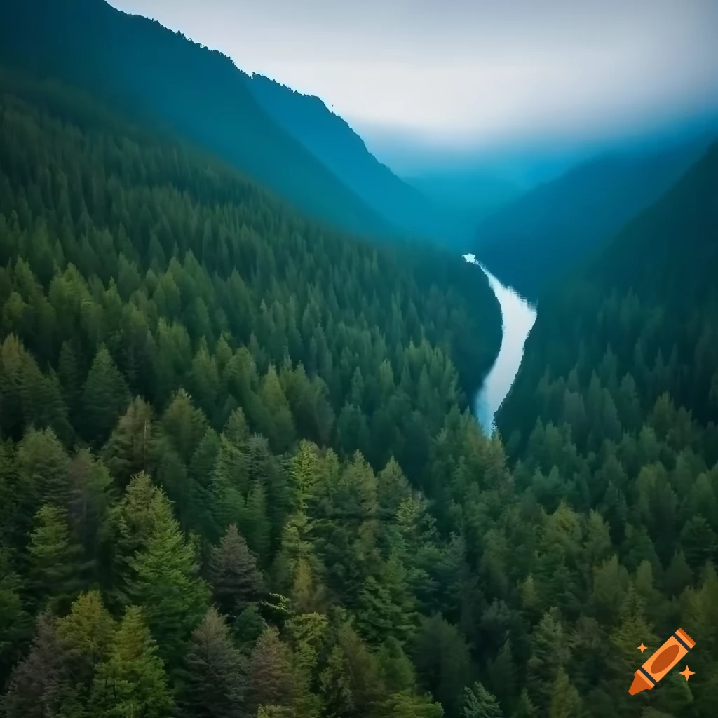 Wide-angle panorama photgraphy of dense coniferous forest on hills with ...