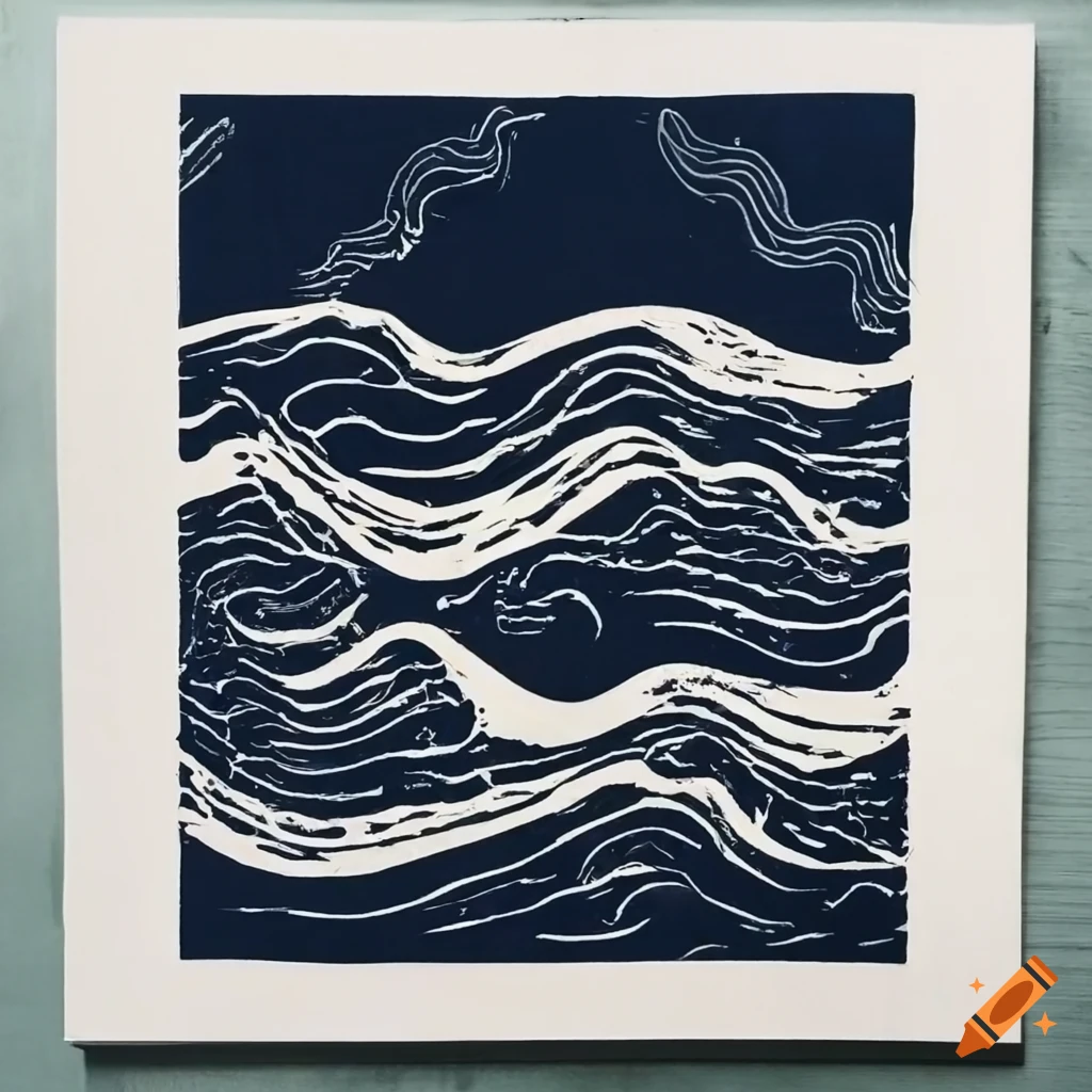 Dynamic linocut print depicting crashing waves in abstract form