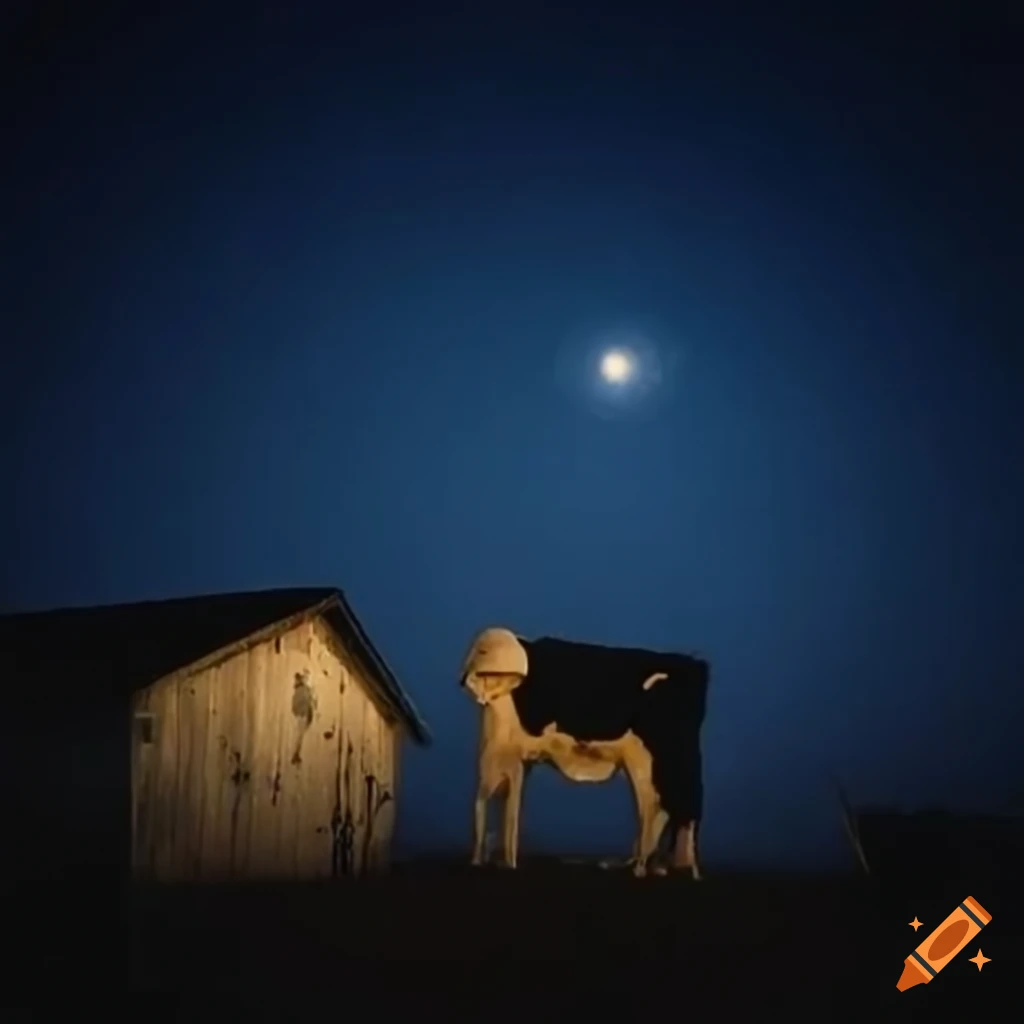 Tiny, sad angel inside a barn with cows at night, moonlight