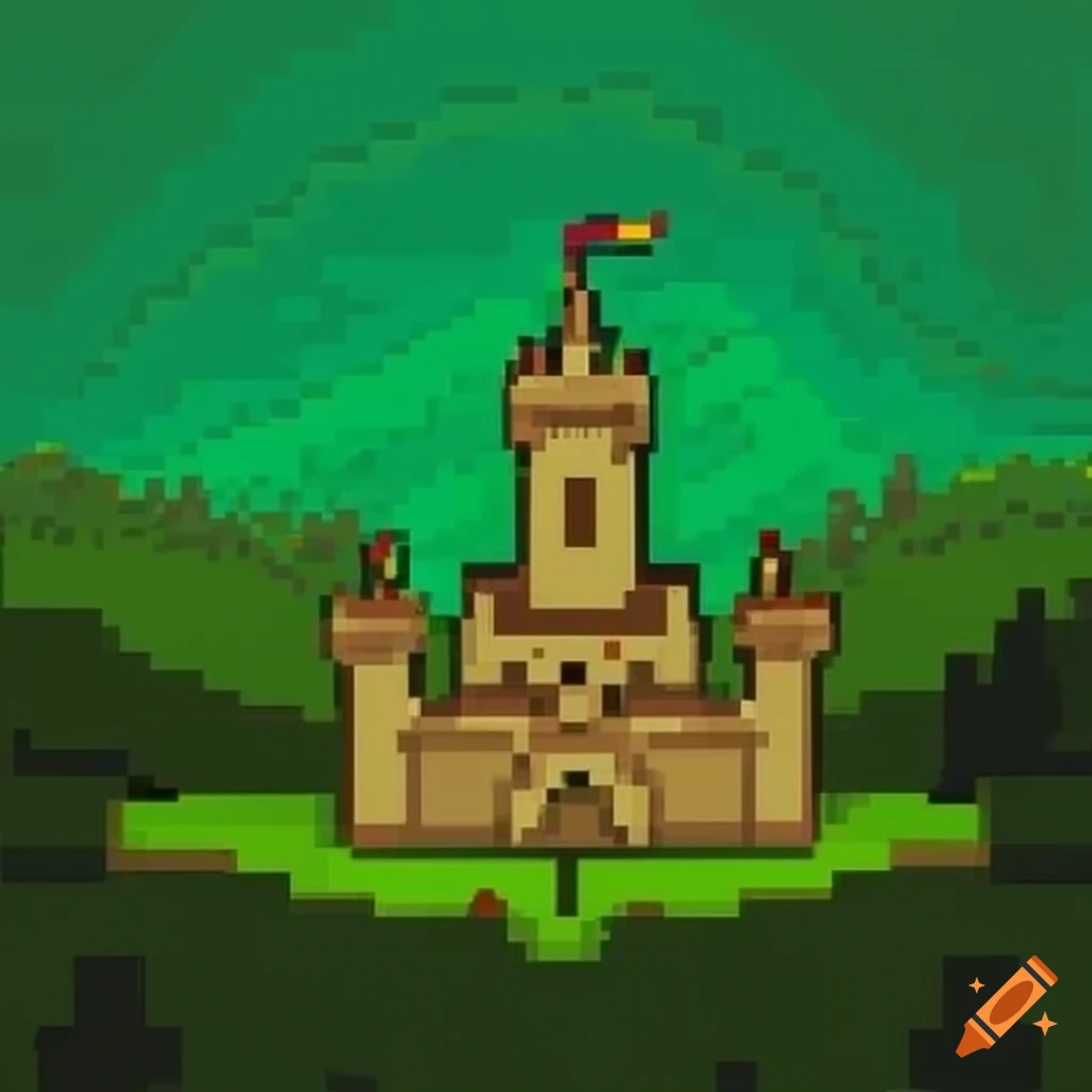 Retro pixel art castle on a lush green field