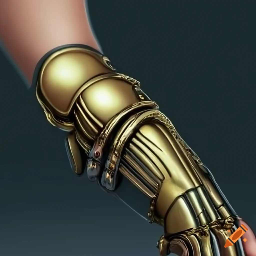 Metallic prosthetic arm covered in brass tubes, fantasy art