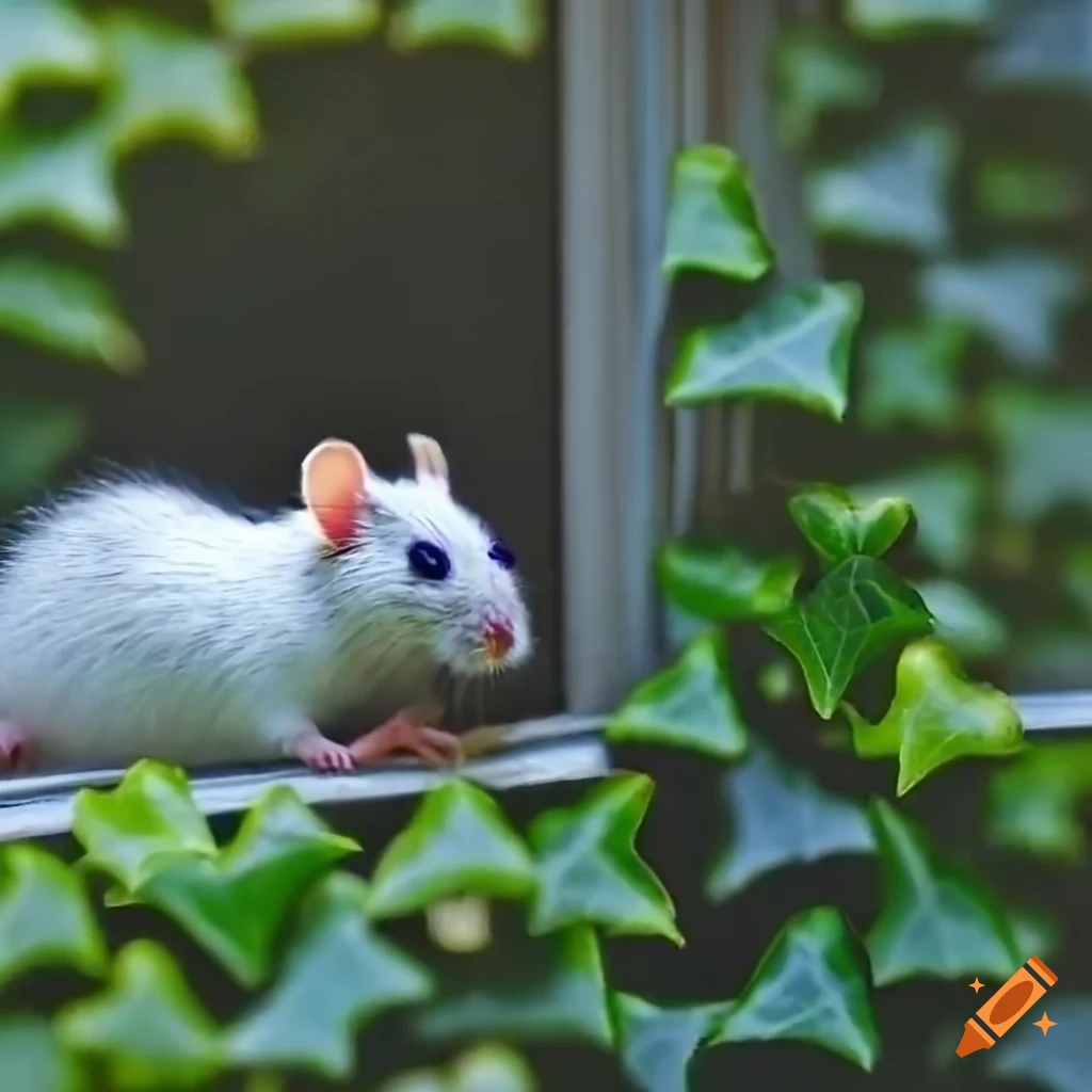 An open window surrounded by vibrant ivy plants。there is a white mouse ...
